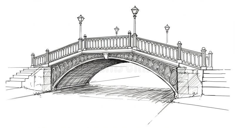 Ornate Bridge Sketch with Detailed Railings Featuring Circular Patterns ...