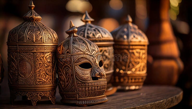 Ornate Bronze Artifacts Display on Rustic Table Stock Illustration ...