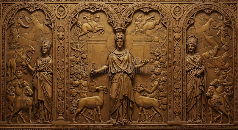 Ornate Bronze Relief Panel Featuring Three Intricately Detailed Arched ...