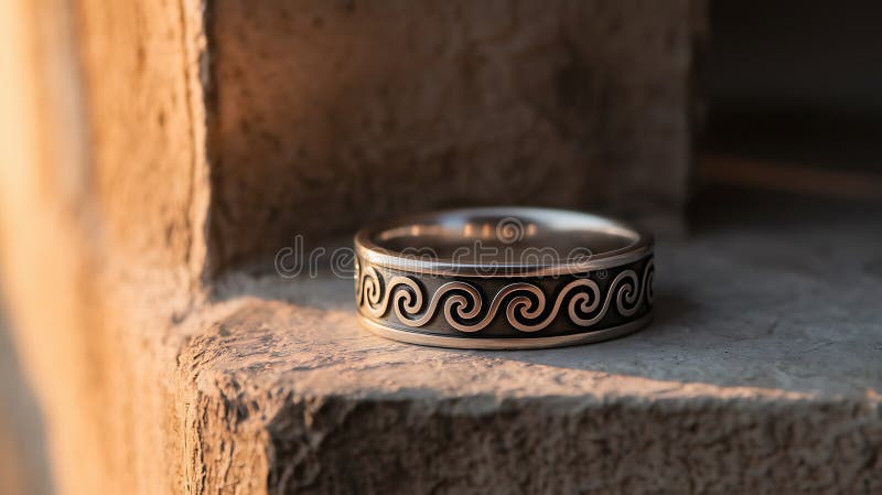 Ornate Bronze Ring with Greek Wave Pattern Resting on Weathered Stone ...