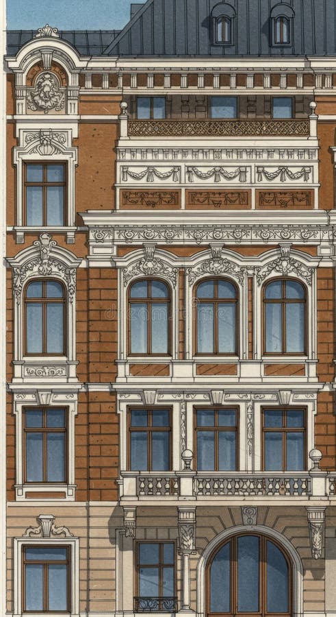 Ornate Brown Brick Building Facade with Detailed Windows Stock ...