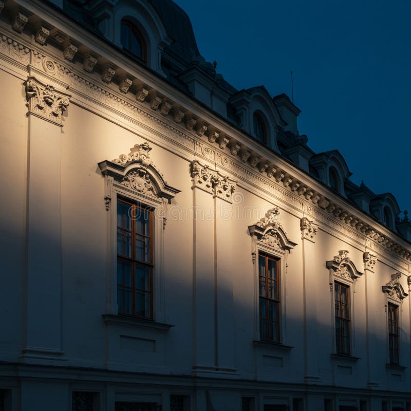 Ornate Building Facade Featuring Decorative Cornices and Arched Windows ...