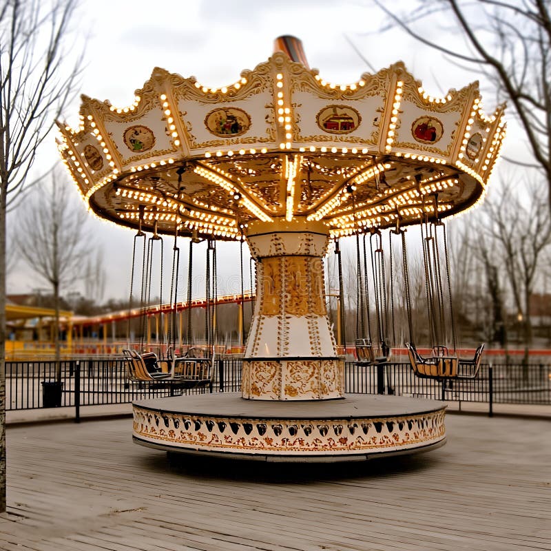 Empty Ornate Carousel with Illuminated Lights in a Park on a Cloudy ...