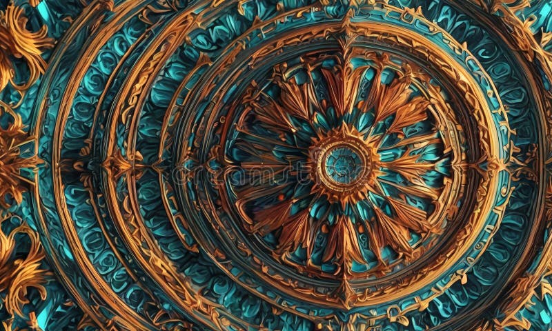 Ornate Ceiling with Circular Pattern Blue and Gold Tiles, Featuring ...