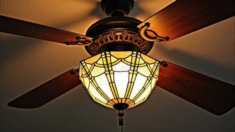 Ornate Ceiling Fan with Stained Glass Light and Wooden Blades Stock ...