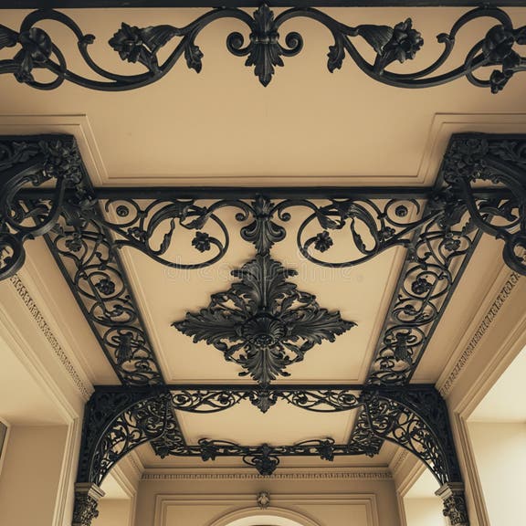 Ornate Ceiling with Intricate Wrought Iron Decorations Featuring Floral ...