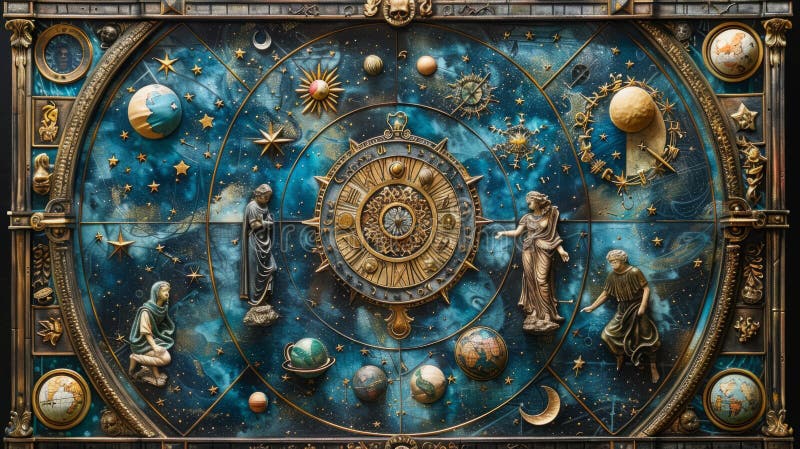 Ornate Celestial Clock with Figures and Stars Stock Image - Image of ...
