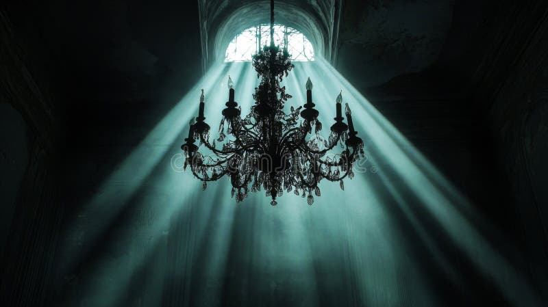 Ornate Chandelier Illuminated by Light Rays in a Dark Room Stock ...