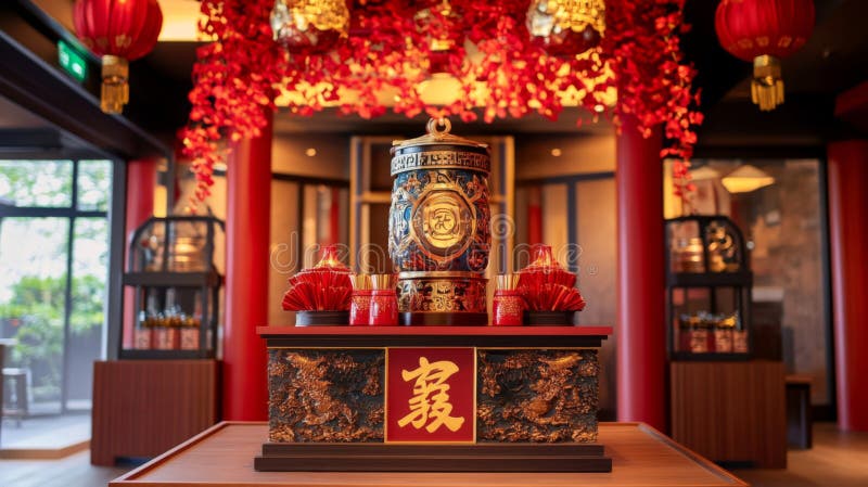 Ornate Chinese Altar Decorated with Red Lanterns Stock Illustration ...