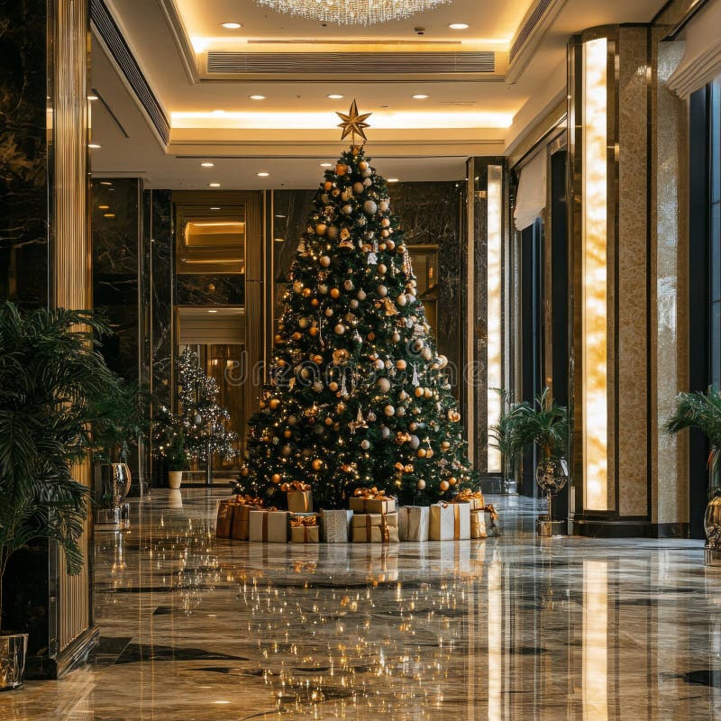 Ornate Christmas Tree in a Luxurious Hotel Lobby Stock Illustration ...