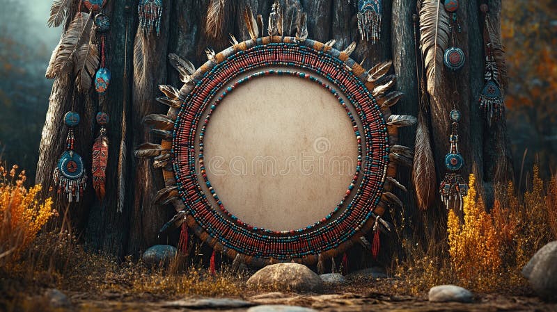 Ornate Circular Frame with Native American Design Elements, Set Against ...
