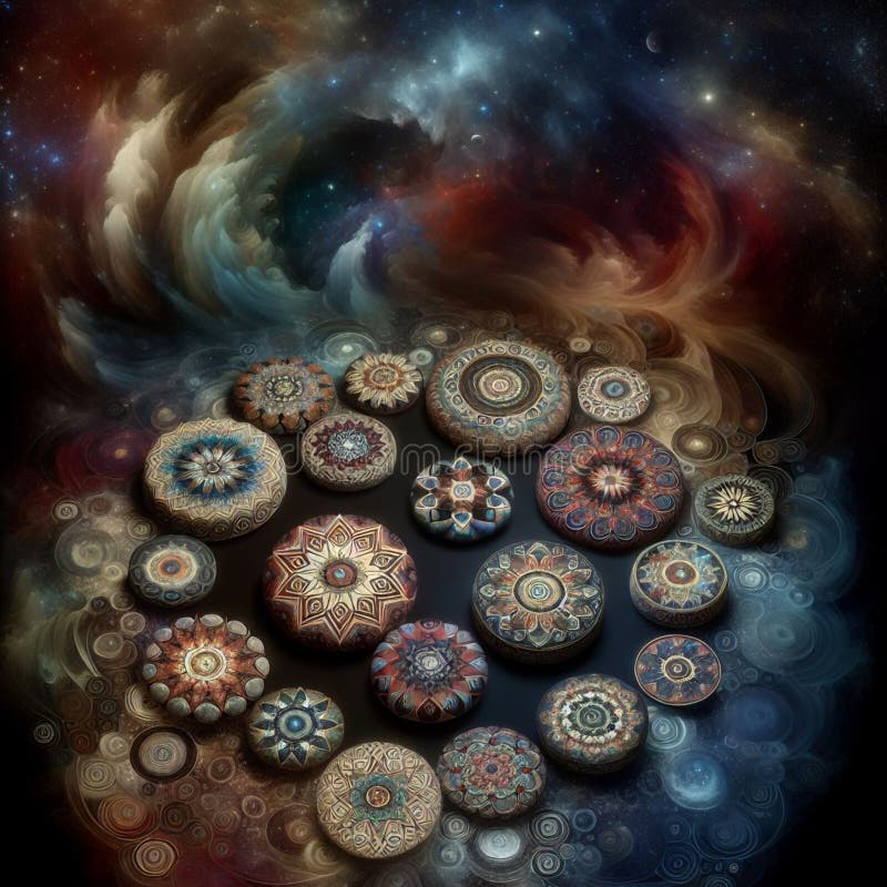 Ornate Circular Objects Arranged in a Swirling Pattern Against a Cosmic ...