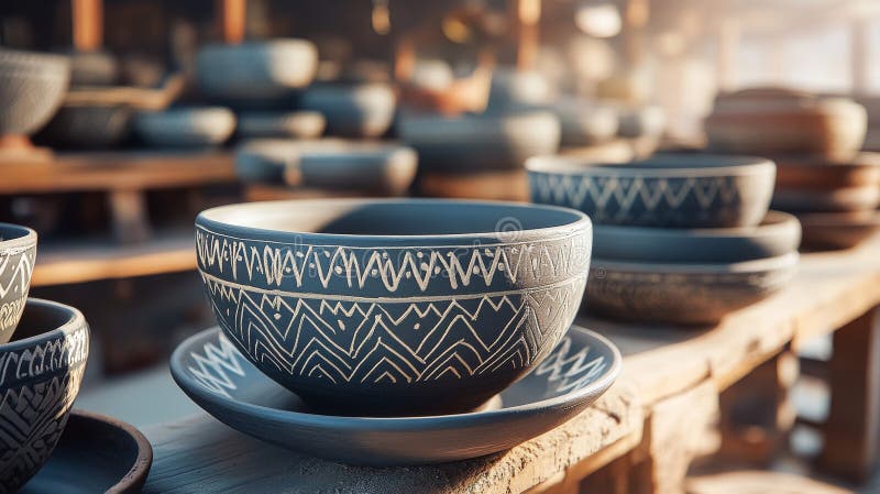 An Ornate Clay Pot is Displayed on a Background of a Pottery Workshop ...