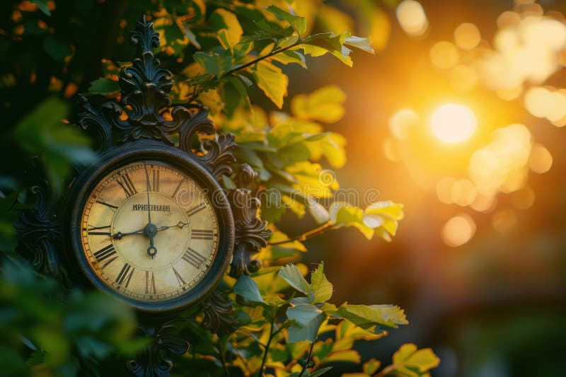 Ornate Clock Face in Sunlight and Leaves Stock Photo - Image of foliage ...