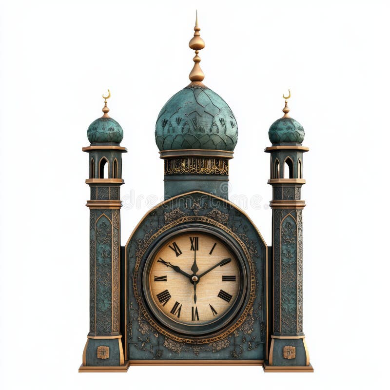 Ornate Clock Shaped Like a Mosque with Crescent Moon Decorations Stock ...