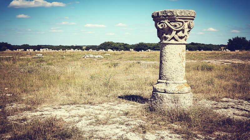 Ornate Column Stands in Grassy Ancient Ruins Stock Photo - Image of ...