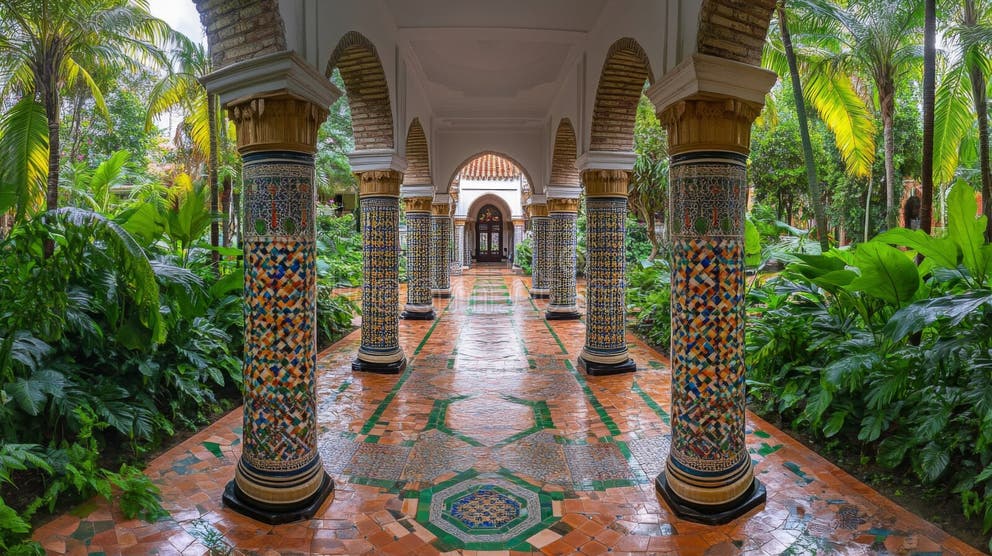 Ornate Columns Line a Lush Garden Pathway Stock Illustration ...