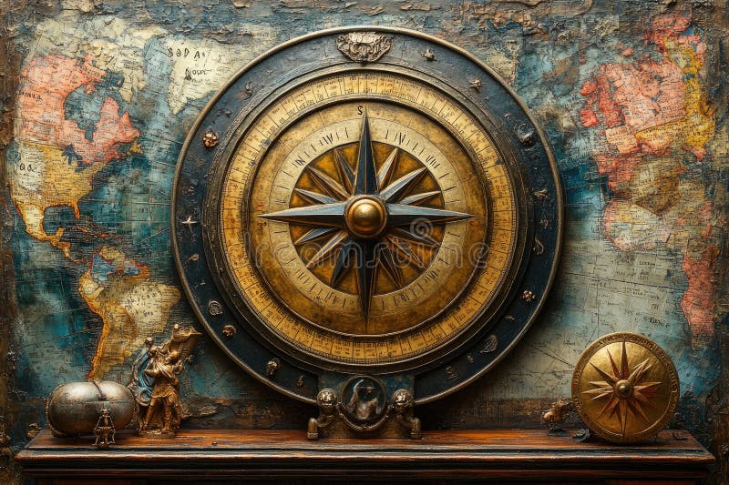 Antique Compass Rose on Vintage World Map Stock Illustration ...