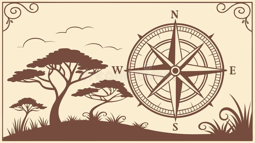 Ornate Compass in Savannah Frame, Exploration Theme, Vector Design ...