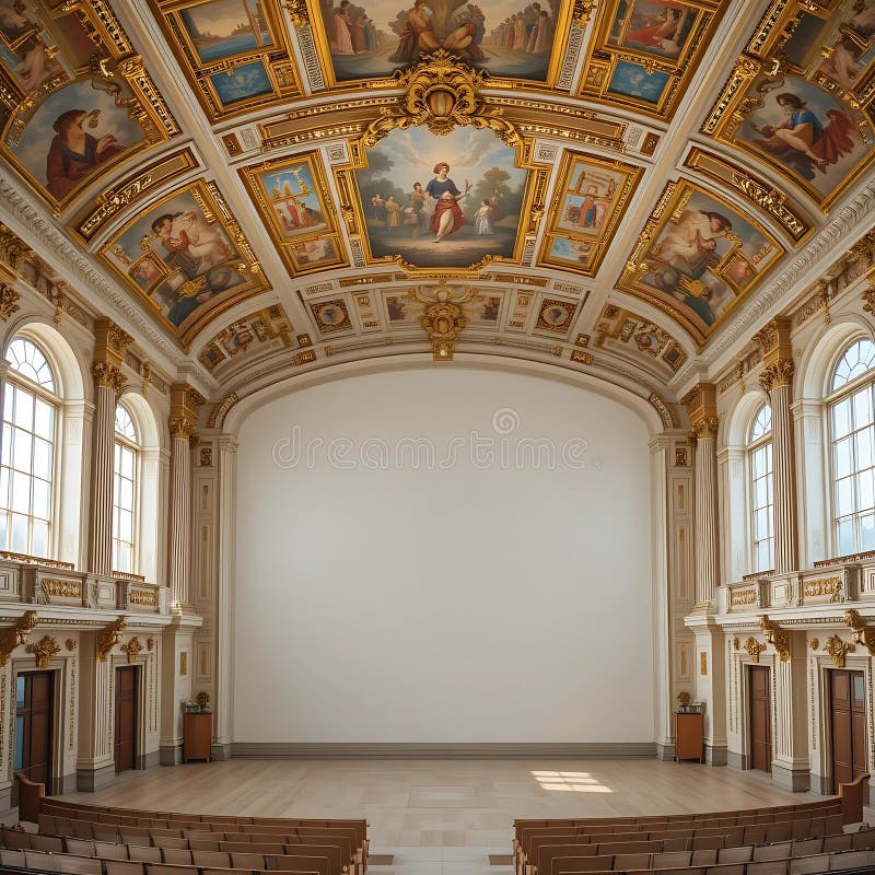 Ornate Concert Hall Interior with Painted Ceiling and Empty Stage Stock ...