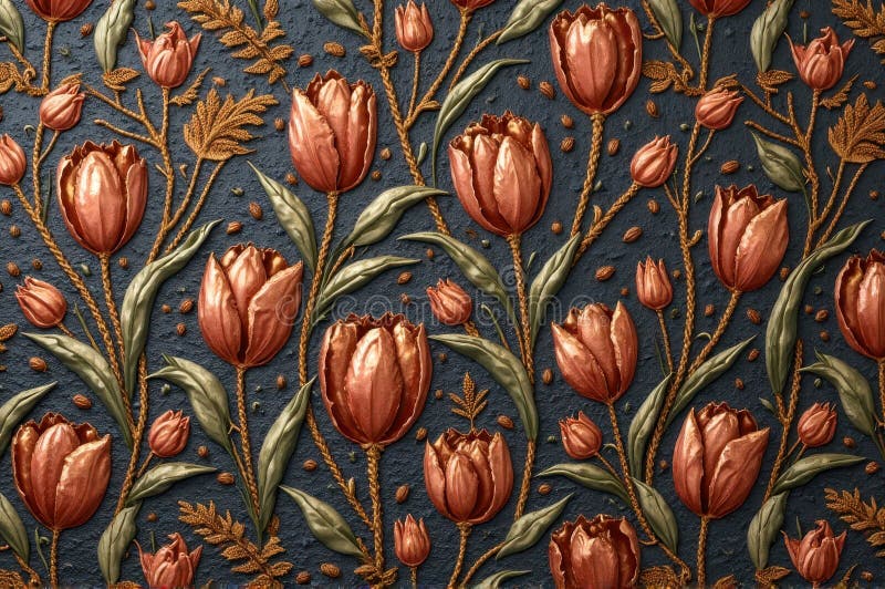 Ornate Copper Tulip Embossed Floral Pattern on Textured Dark Background ...