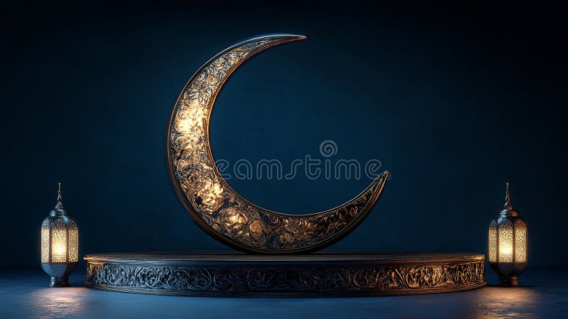 Ornate Crescent Moon Display with Elegant Lanterns Stock Illustration ...