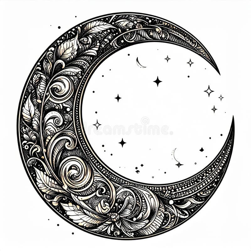 Ornate Crescent Moon with Floral Design and Stars Stock Illustration ...