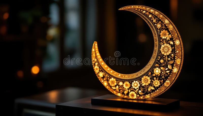 Ornate Crescent Moon Lamp with Floral Patterns and Warm Lights Stock ...