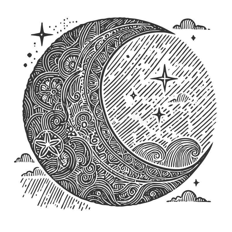 Ornate Crescent Moon with Starry Sky Raster Stock Image - Image of ...