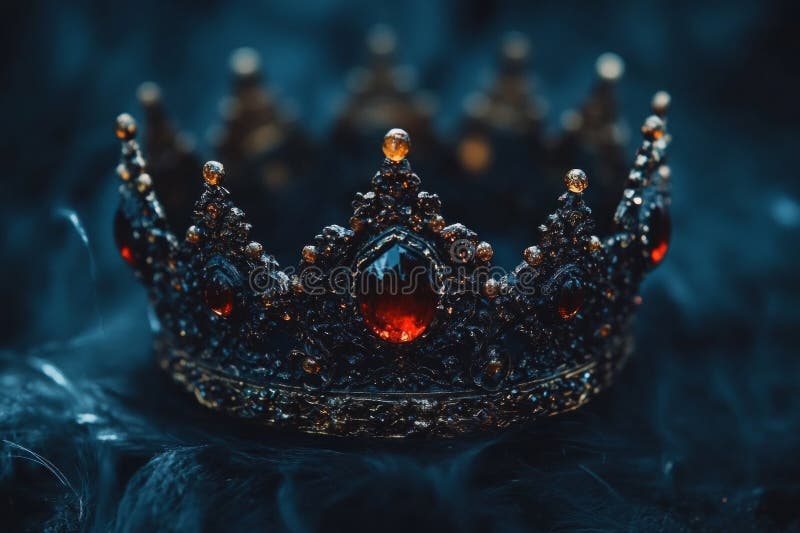 Ornate Crown Glowing on Dark Blue Feathers, Concept of Power Stock ...