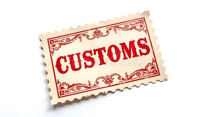An Ornate Customs Stamp Features Red Decorative Patterns and Bold ...
