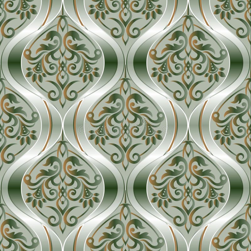 Ornate Damask Pattern in Green Color. Seamless Pattern Background Stock ...