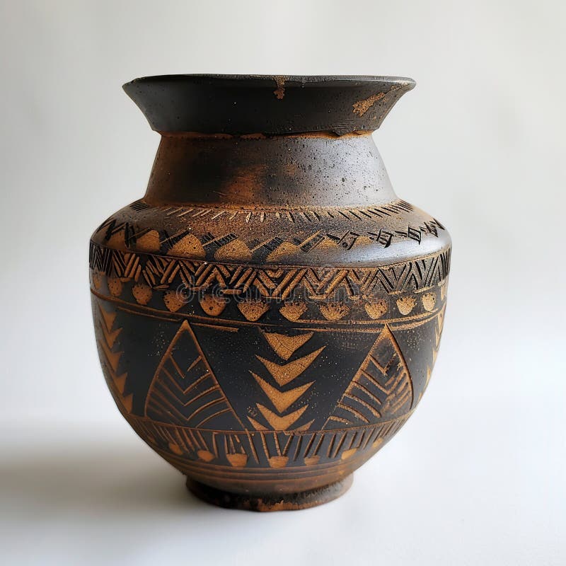 Ornate Dark Brown Earthenware Vase with Carved Geometric Patterns Stock ...