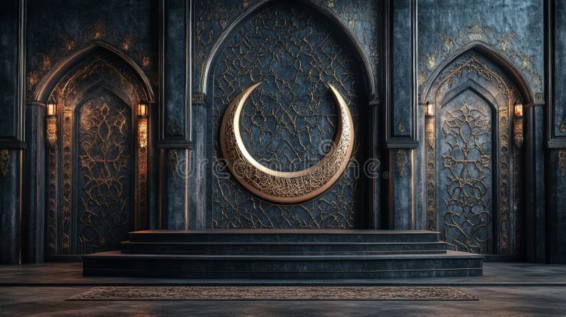 Ornate Dark Room Featuring a Golden Crescent Moon Stock Illustration ...