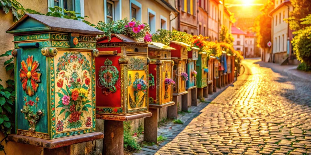 Ornate Decorated Mailboxes Line a Cobblestone Street at Sunset ...