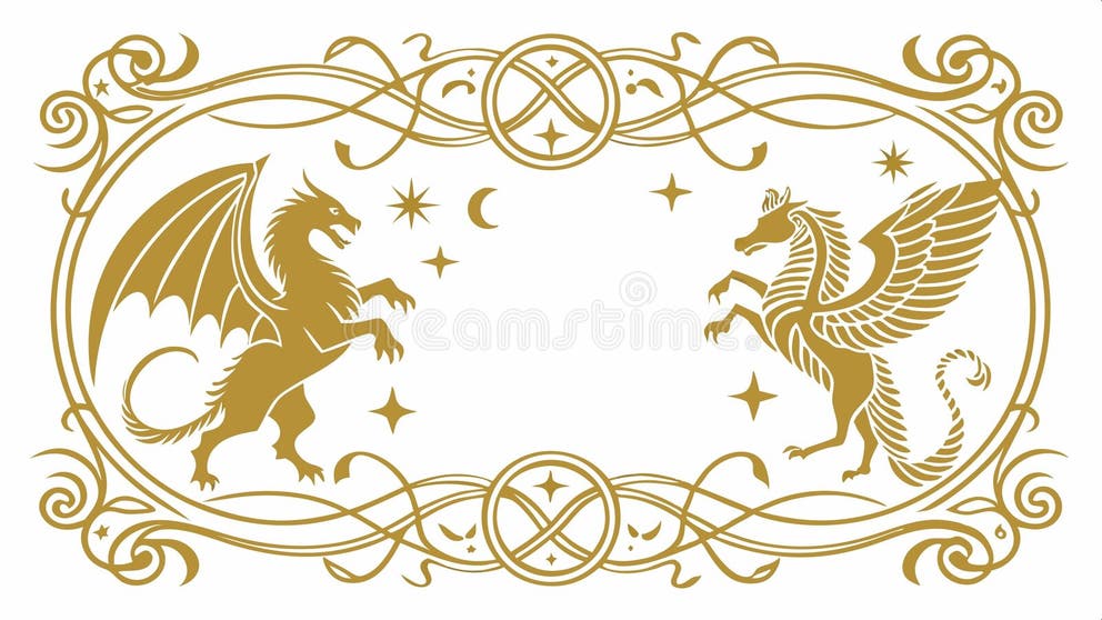 Ornate Decorative Frame with Mythical Creatures, Fantasy and Art Vector ...