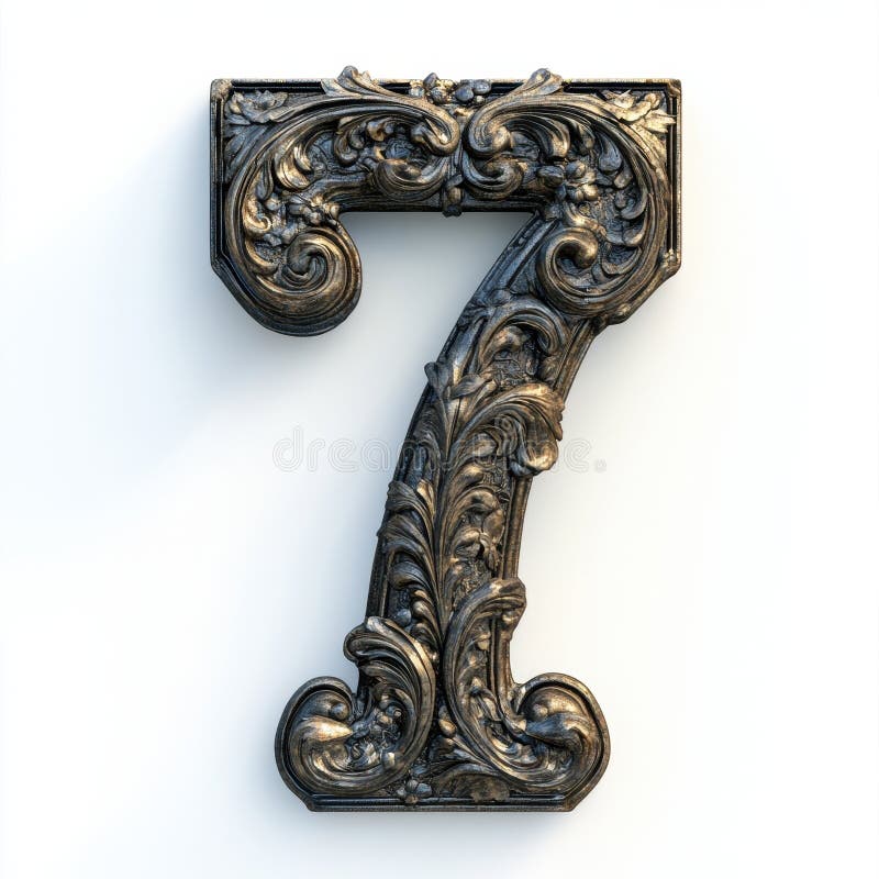 Ornate Decorative Number Seven with Floral Designs in a Metallic Finish ...