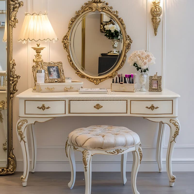 Ornate Dressing Table with Mirror and Stool Displaying Makeup and ...