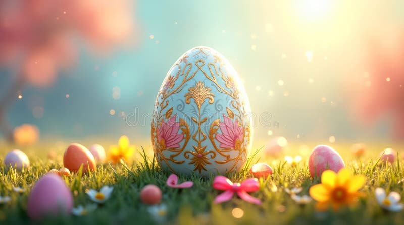 Ornate Easter Egg on Vibrant Spring Meadow with Flowers and Sunlight ...