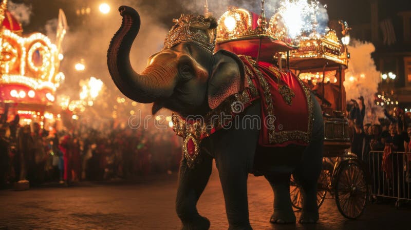 Ornate Elephant in a Nighttime Parade with Fireworks Stock Illustration ...