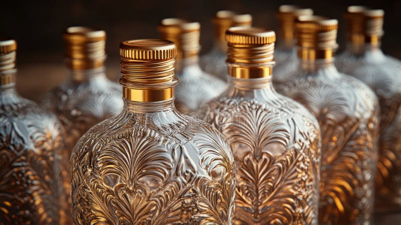 Ornate Embossed Glass Bottles with Golden Caps in a Decorative Setting ...