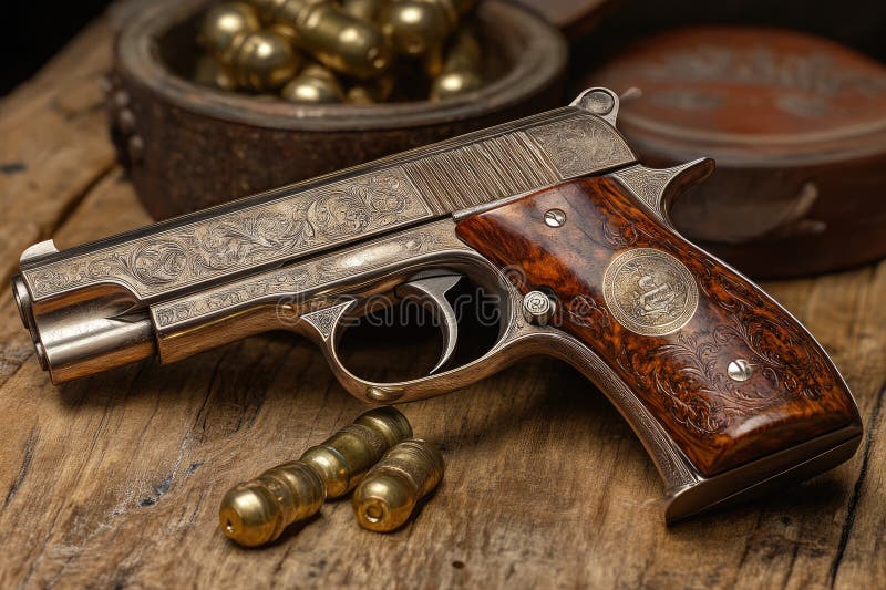 Ornate Engraved Pistol on Wooden Table with Ammunition Stock ...