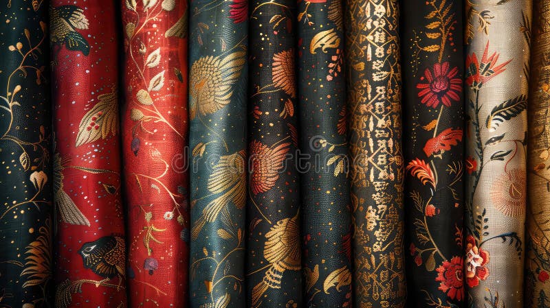 Ornate Fabric Patterns: Rich Reds, Blacks, and Golds Stock Image ...