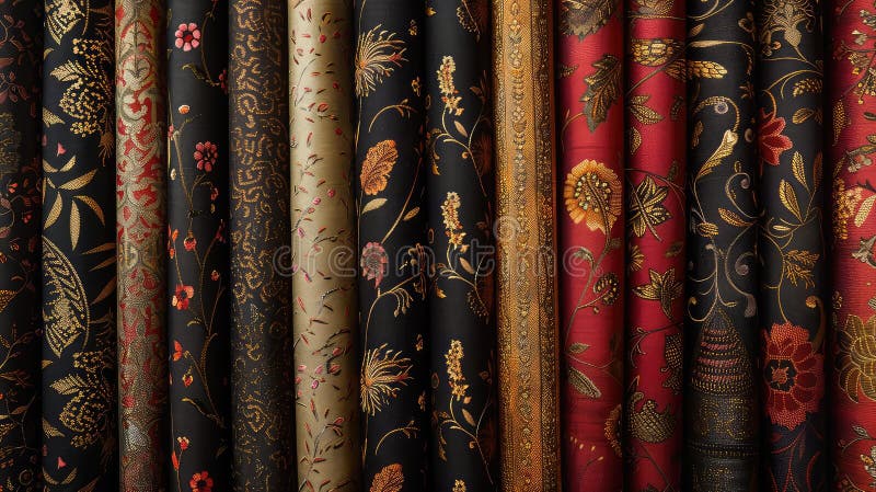 Ornate Fabric Patterns: Rich Reds, Blacks, and Golds Stock Image ...
