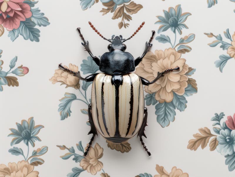 Ornate Floral Background with Black and White Beetle Stock Illustration ...