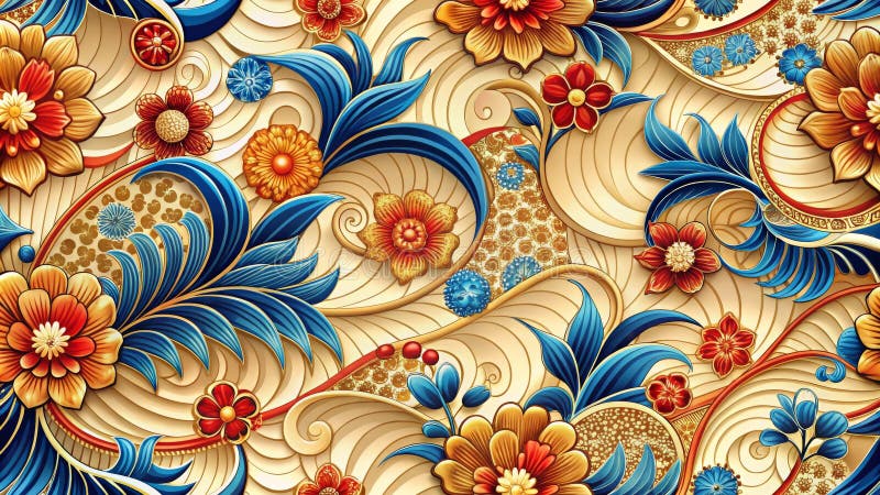 Ornate Floral Composition Blue, Gold, Red Hues Stock Illustration ...