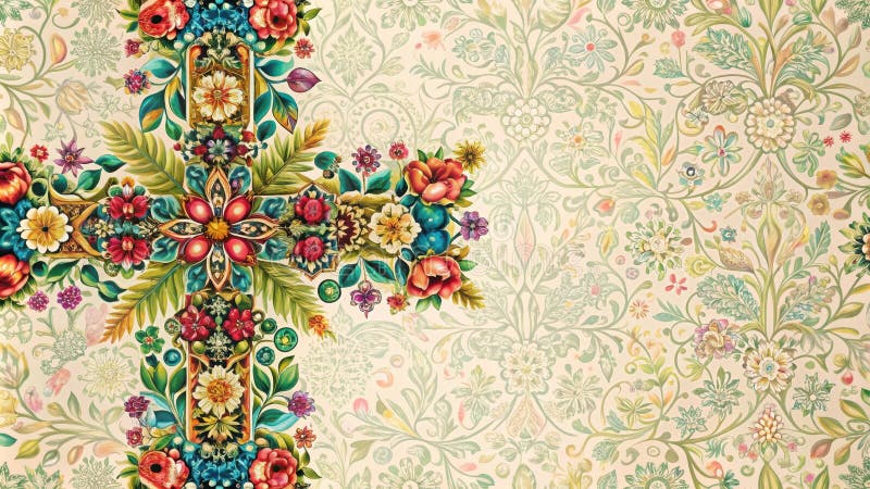 Ornate Floral Cross Design on Vintage Cream Textile. Generative AI ...