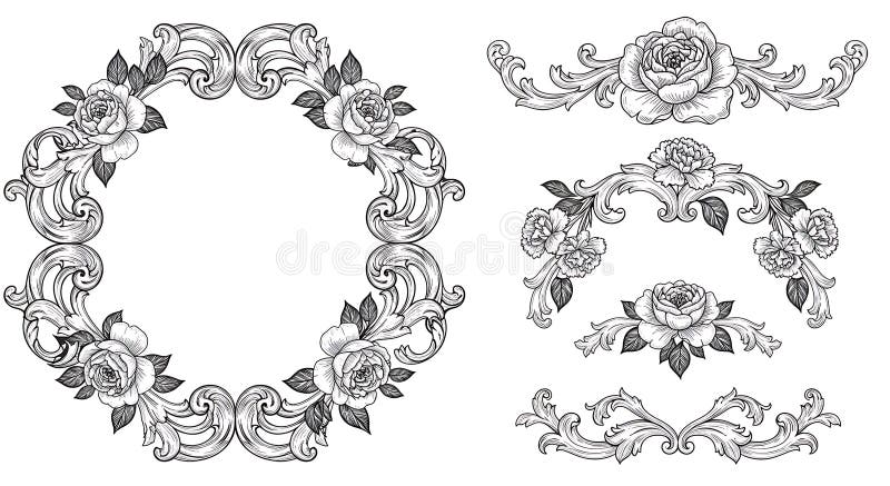 Ornate Floral Designs Featuring Elegant Scrollwork and Detailed Roses ...