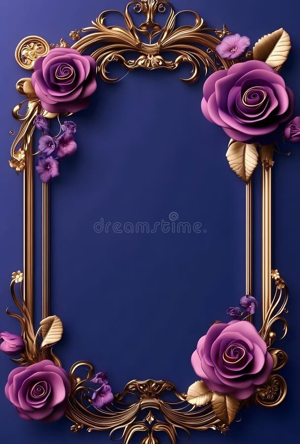 Ornate Floral Frame Design with Purple Roses on a Deep Blue Background ...