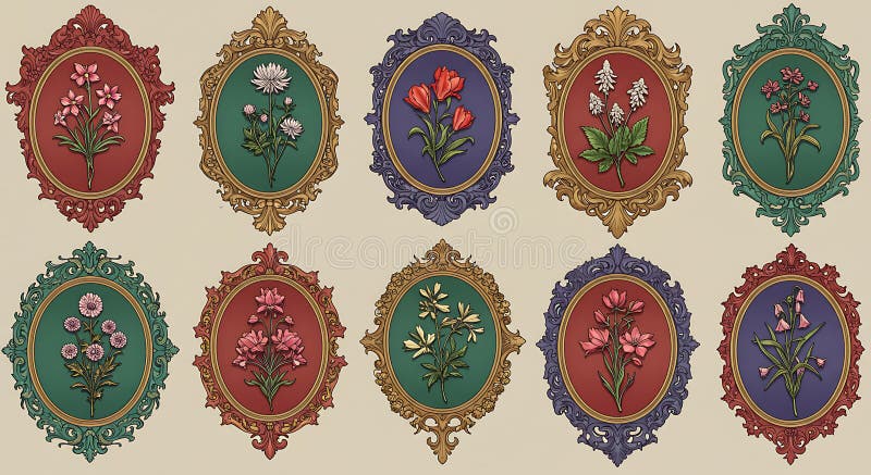 Ornate Floral Illustrations Set in Decorative Oval Frames with ...
